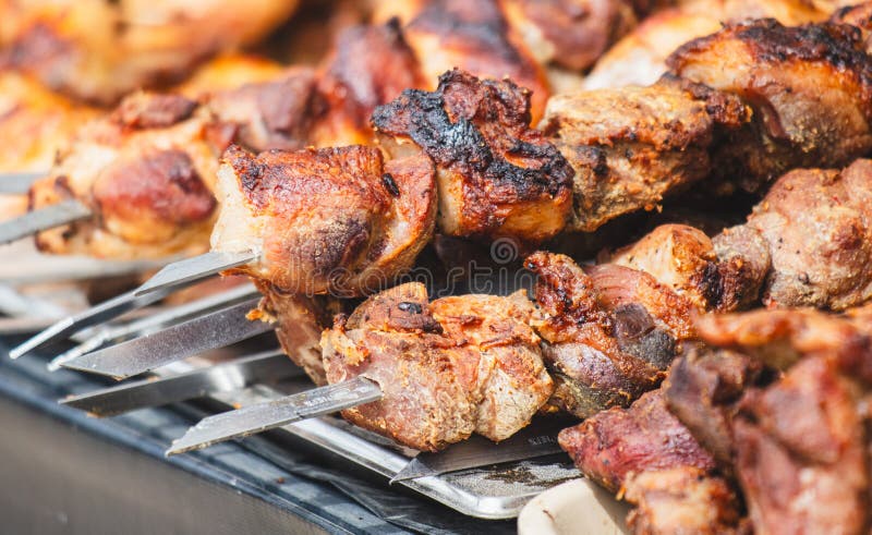 Meat on Metal Skewers Fried on the Grill Stock Photo - Image of steak ...