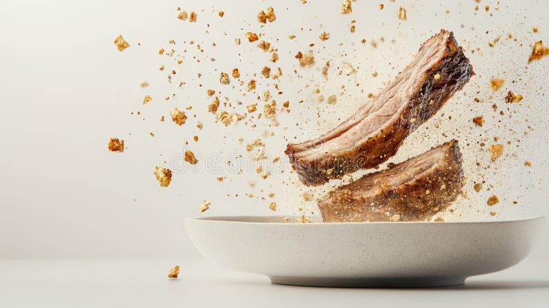 Meat in Motion, a Culinary Closeup of Piece of Cooked Falling into ...