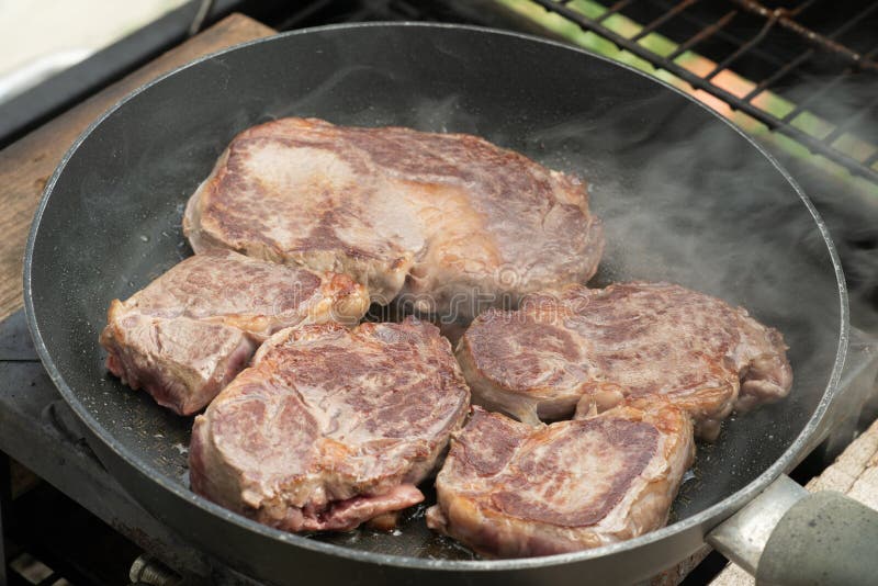 Meat in a Pan on a Grill Outside Yard Stock Photo - Image of food ...