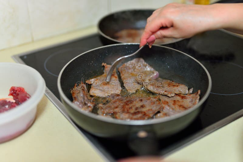 Meat on pan stock image. Image of barbeque, making, cook - 59594137
