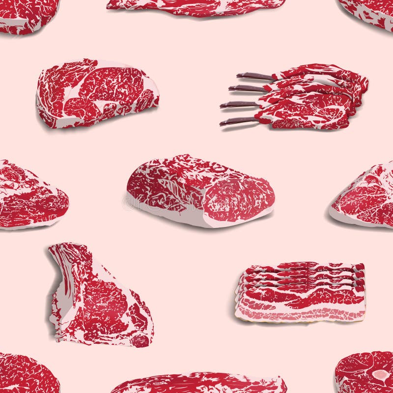 Meat Pattern, Various Pieces of Raw Meat, Realistic Illustration ...