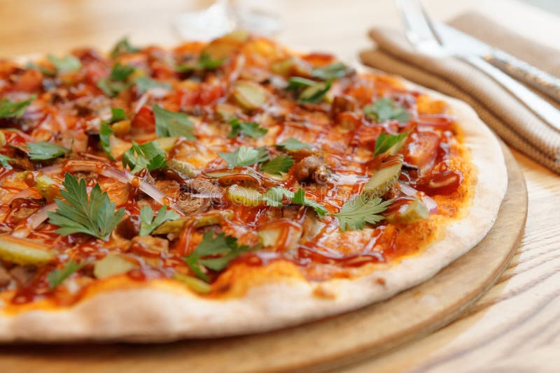 Meat pizza with bbq sauce stock image. Image of tasty - 123255167
