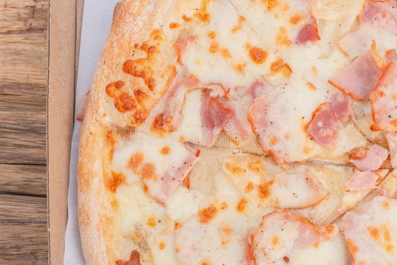 Meat Pizza in a Box on a Wooden Background Stock Image - Image of pizza ...