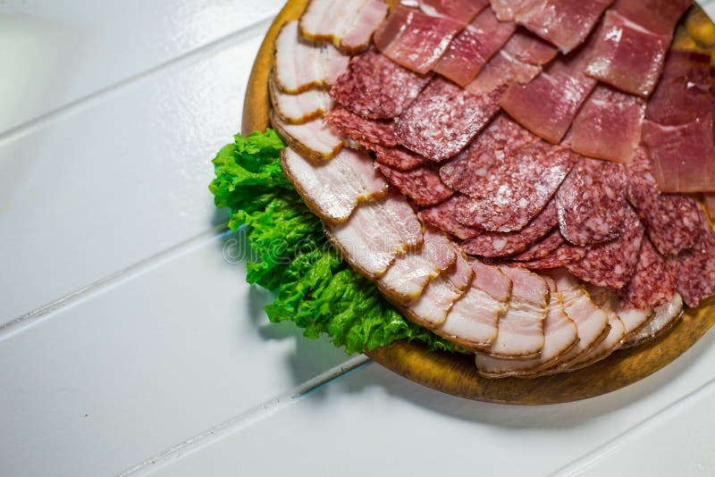 Meat Plate Set with Salami, Bacon, Hamon Stock Photo - Image of grapes ...