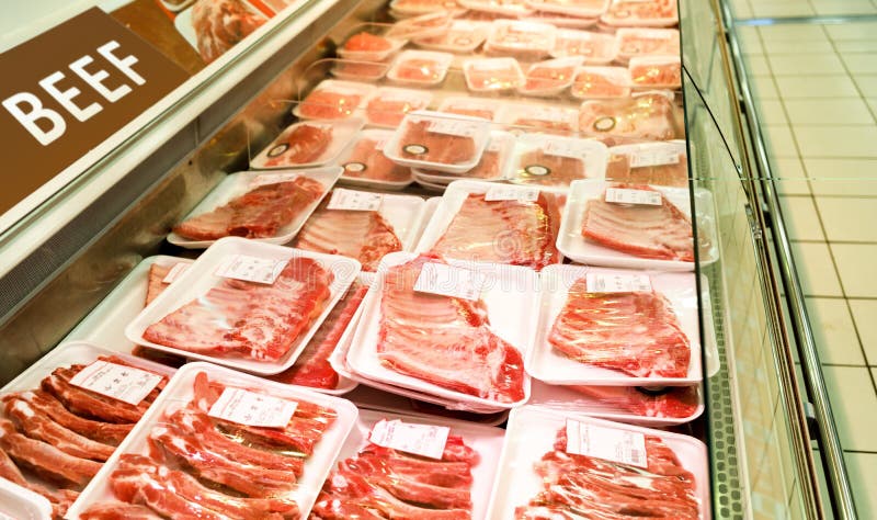 Showcase Meat Raw Products in a Supermarket Stock Image - Image of meat ...