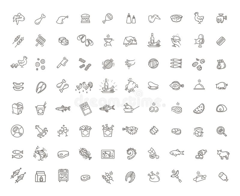 Meat, Poultry, Fish and Seafood - Minimal Thin Line Web Icon Set Stock ...