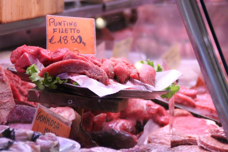 Meat Prepared, Processed, Nicely Arranged in the Counter, Beef and Pork ...
