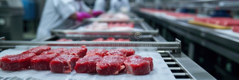 Meat Processing Facility with Raw Cuts on Conveyor Belt. Stock Photo ...