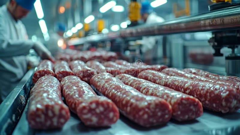 Meat Processing Facility with Workers Preparing Sausages on the ...