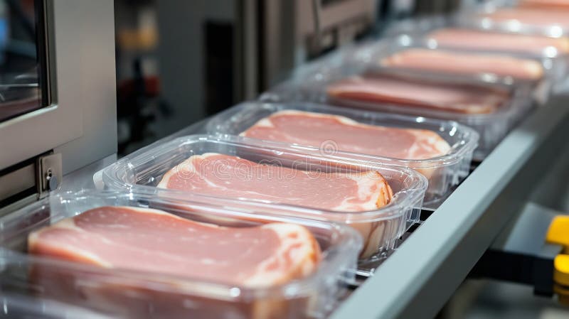 Meat Processing Plant Packaging Bacon Slices in Plastic Containers on ...