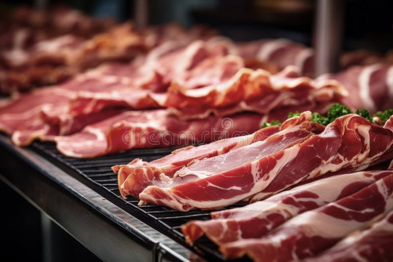 Meat Processing Plant. Slices of Fresh Bacon and Mint Slices on a ...