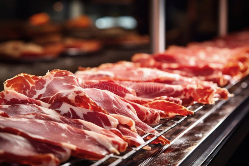 Meat Processing Plant. Slices of Fresh Bacon and Mint Slices on a ...