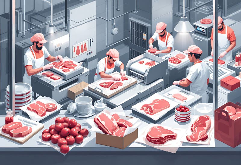 Meat Processing Plant Workers Preparing Beef Steaks Stock Illustration ...