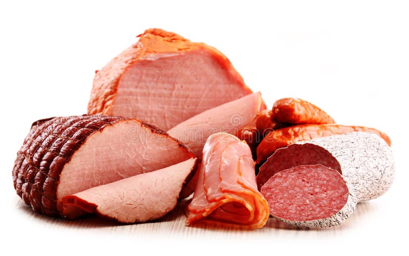 Meat Products Including Ham and Sausages on White Stock Photo - Image ...