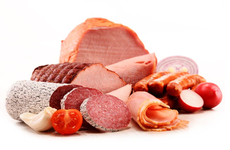 Meat Products Including Ham and Sausages on White Stock Image - Image ...