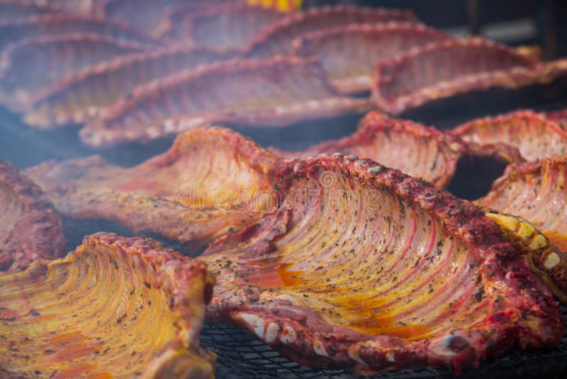 Meat Ribs of Pig Roasting on Barbecue Stock Photo - Image of ruddy ...