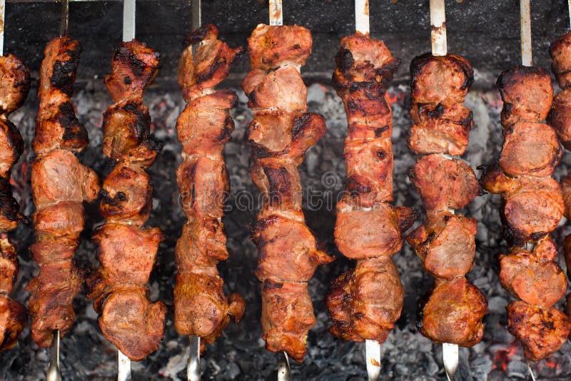 Meat Roasted on Fire Barbecue Kebabs on the Grill. Stock Image - Image ...
