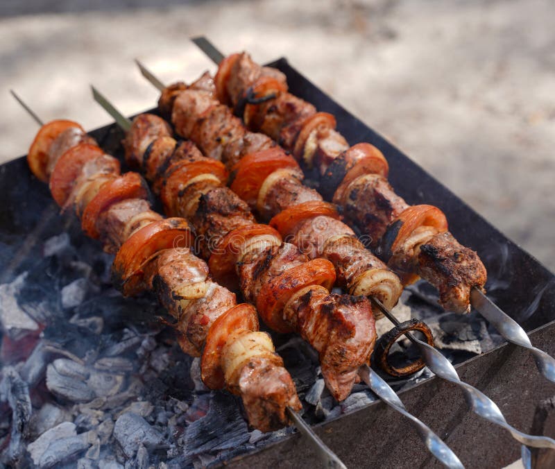 Meat is Roasted on Fire in Nature Stock Photo - Image of party, meal ...