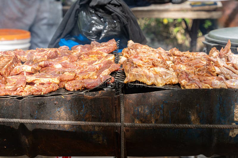 Meat Roasted on a Street Side Grill Stock Image - Image of steak, grill ...
