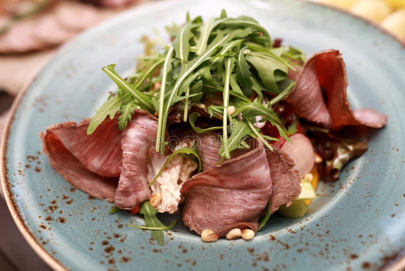 Meat salad with herbs stock image. Image of mixed, dressing - 213142703