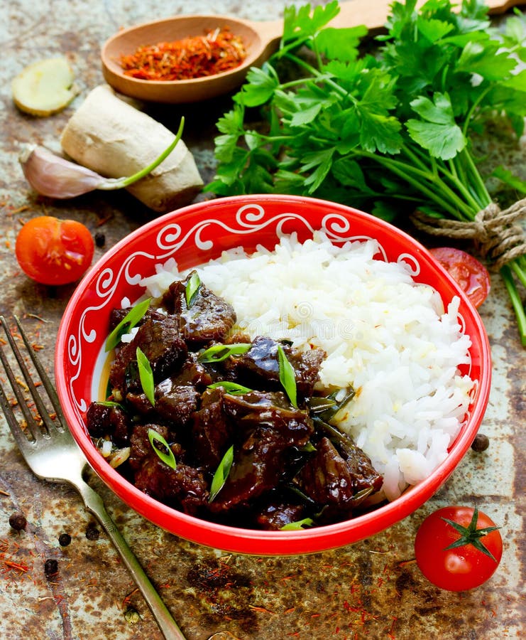 Meat in Sauce with Basmati Rice, Mongolian Cuisine Stock Image - Image ...
