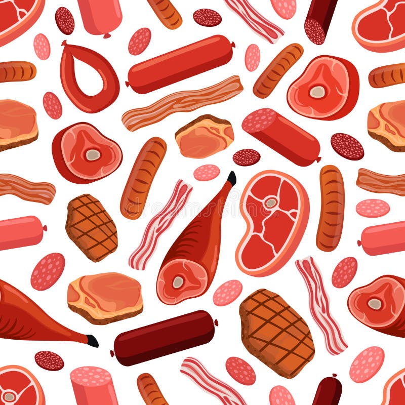 Raw Meat Seamless Pattern Vector Drawing Hand Drawn Beef Steak Stock