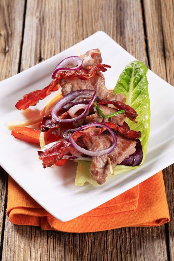 Meat Skewer and Crispy Bacon Strip Stock Image - Image of carrot, lunch ...