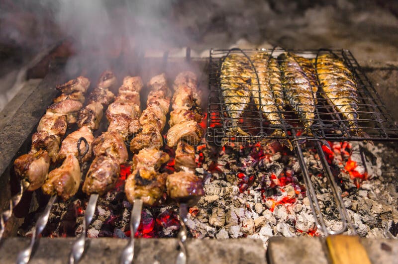 Meat Skewers and Fish on the Barbecue Coals Stock Image - Image of food ...