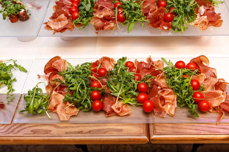 Meat Snacks with Vegetables in Restaurant at Event Party Stock Image ...