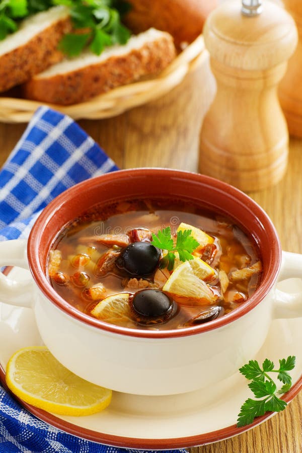 Meat solyanka- stock photo. Image of bread, olives, cucumbers - 47940772