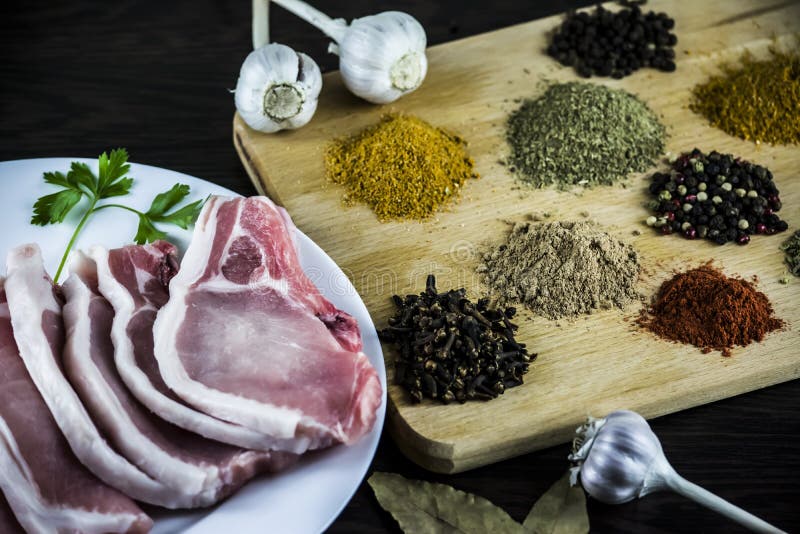 Meat and spices stock image. Image of table, grass, pepper - 44233235