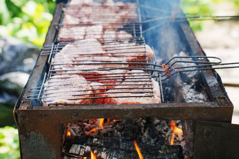 Meat Steaks on a Grill Rack Cooking Over an Open Fire Stock Photo ...