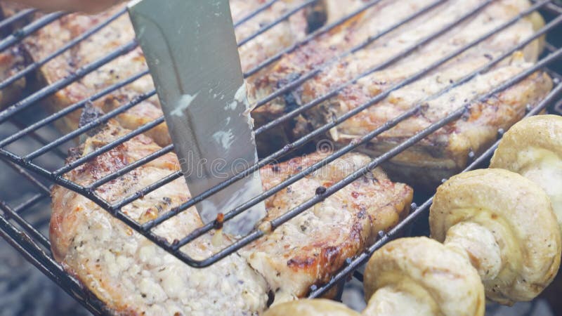 Meat Steaks on a Grill Rack Cooking Over an Open Fire Stock Video ...