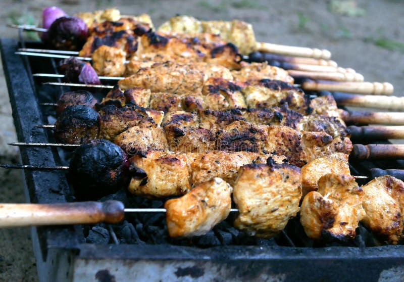 Meat on Stick on Barbecue Grill. Stock Photo - Image of fresh, cooking ...