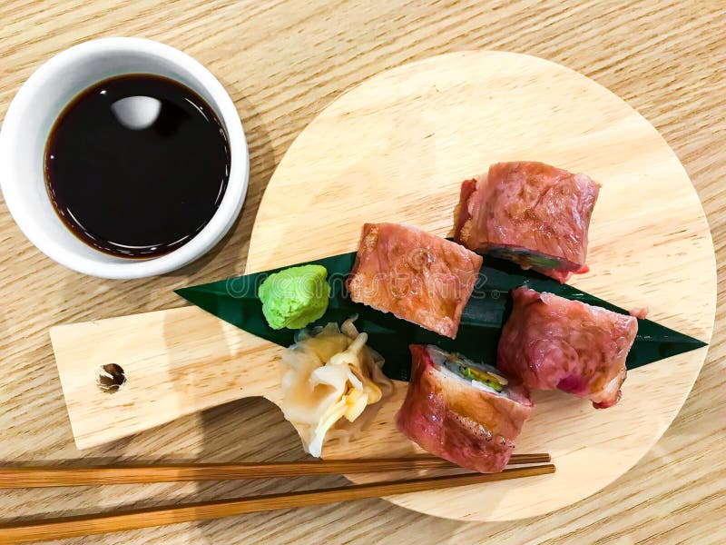 Meat sushi rolls with beef stock image. Image of isolated - 106542527