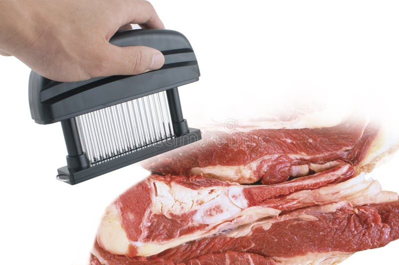 Meat Tenderizer Device and Fresh Meat Stock Photo - Image of hand ...