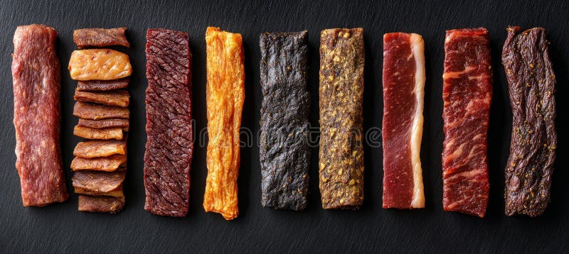 Meat Variety. Different Types of Beef Jerky Top View, on Black ...