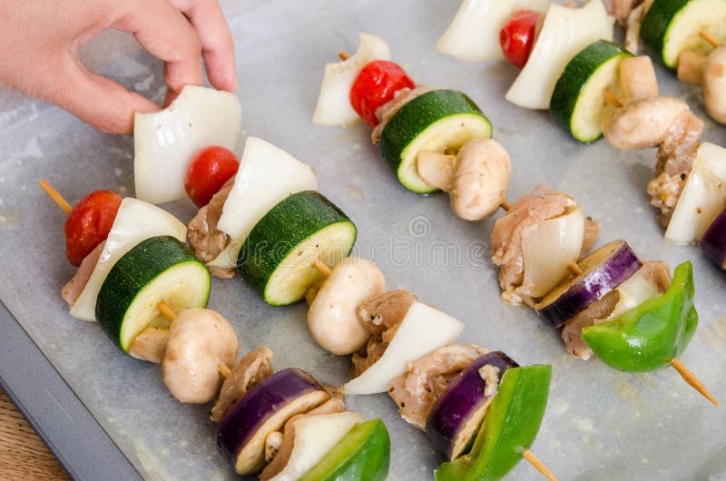 Meat and Vegetable Kabobs on Baking Tray Stock Photo - Image of dice ...
