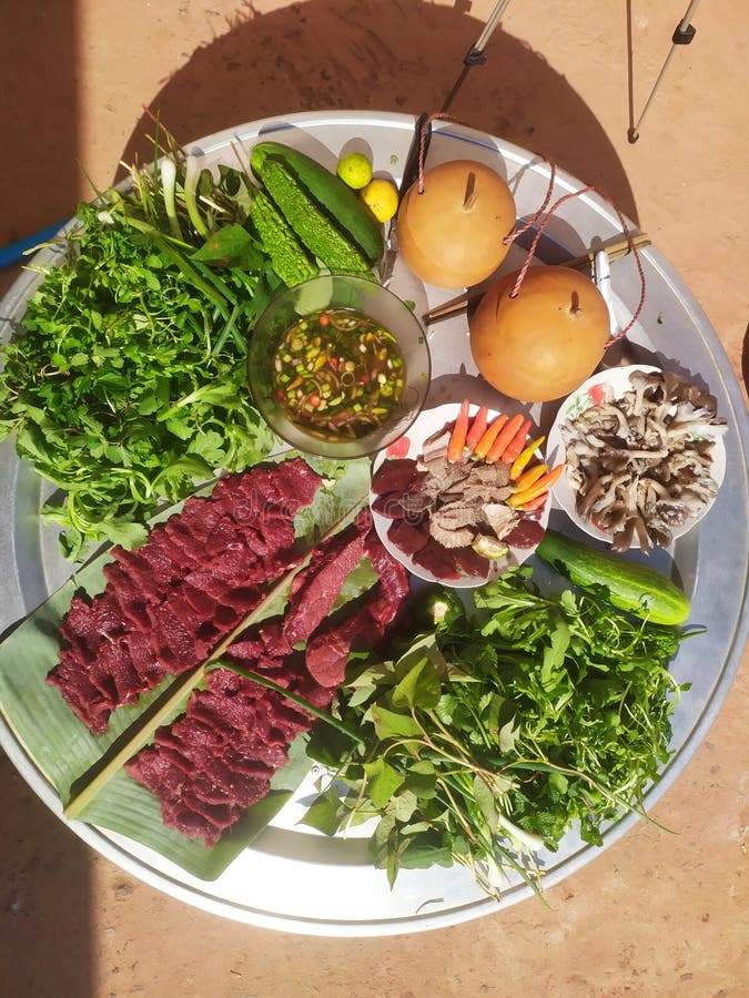 Meat with Vegetables, Cucumber, Sticky Rice and Ingredients Stock Image ...