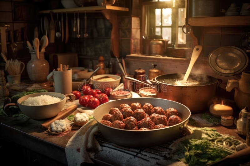 Meatball Preparation in a Cozy Kitchen Stock Illustration ...