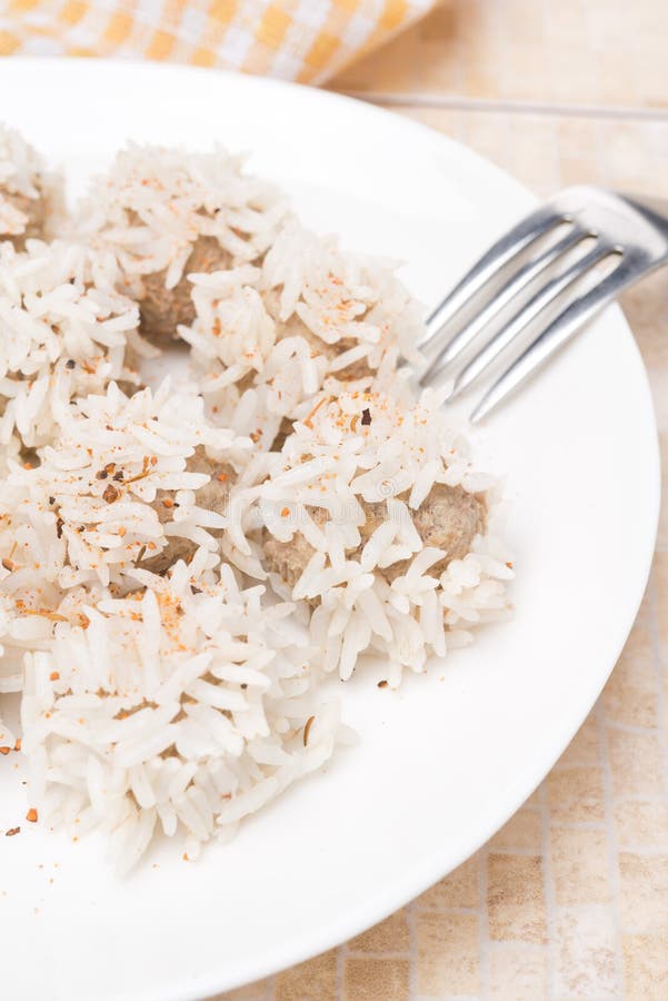 Meatballs of Beef with White Rice, Close-up Stock Photo - Image of ...