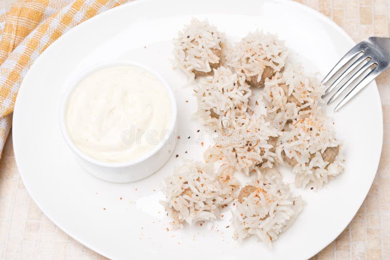Meatballs of Beef with White Rice and Yogurt Sauce, Top View Stock ...