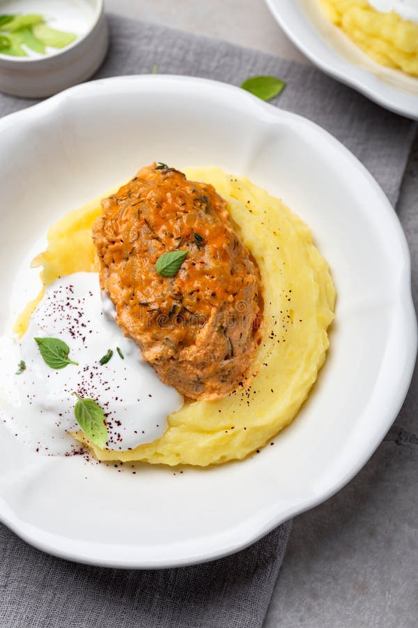 Lazy Cabbage Rolls with Mashed Potatoes and Sour Cream Stock Image ...