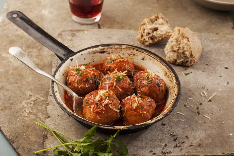 Meatballs in pan stock photo. Image of beef, diet, basil - 42810314