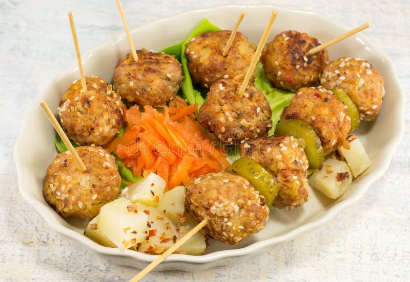 Meatballs on Sticks Decorated with Vegetables Stock Photo - Image of ...
