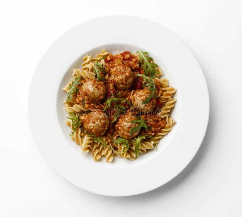 Meatballs in a Tomato Sause with Paste Twists with a Rocket Garnish, on ...