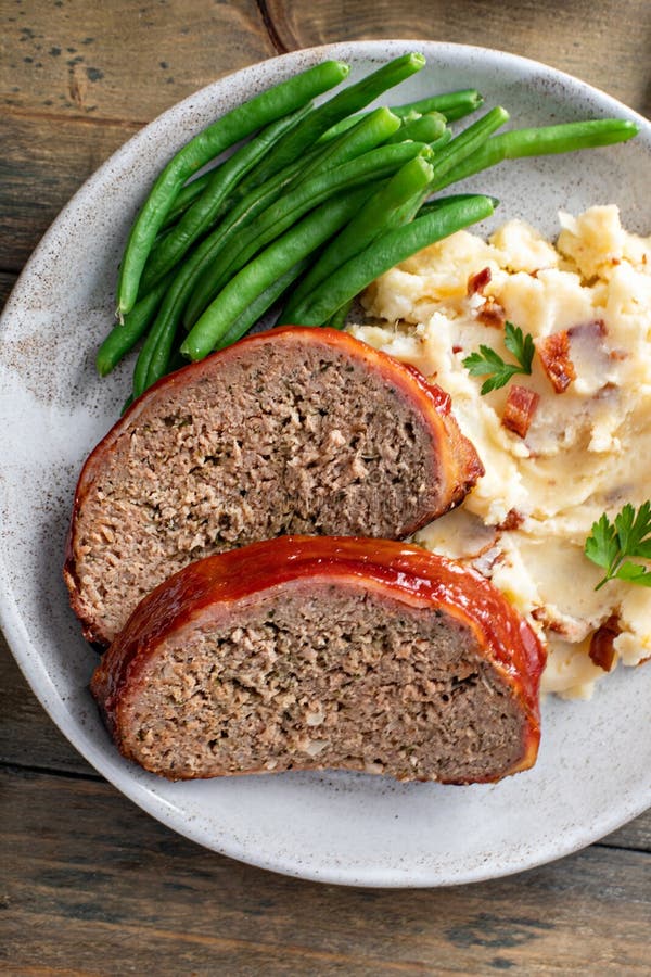 Meatloaf Portion on a Plate Served with Mashed Potatoes Stock Image ...