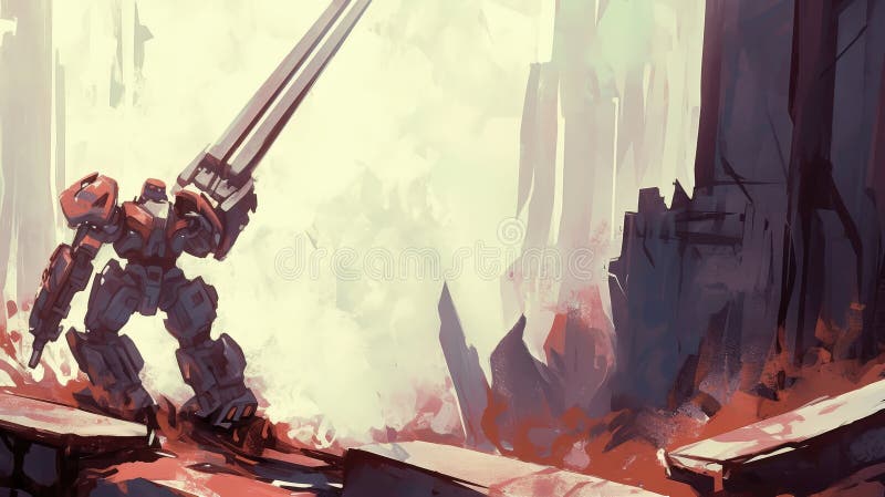 Mech Warrior in Desolate Landscape Stock Illustration - Illustration of ...