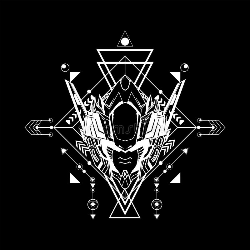 Mecha Head Illustration with Sacred Geometry on Black Background Stock ...