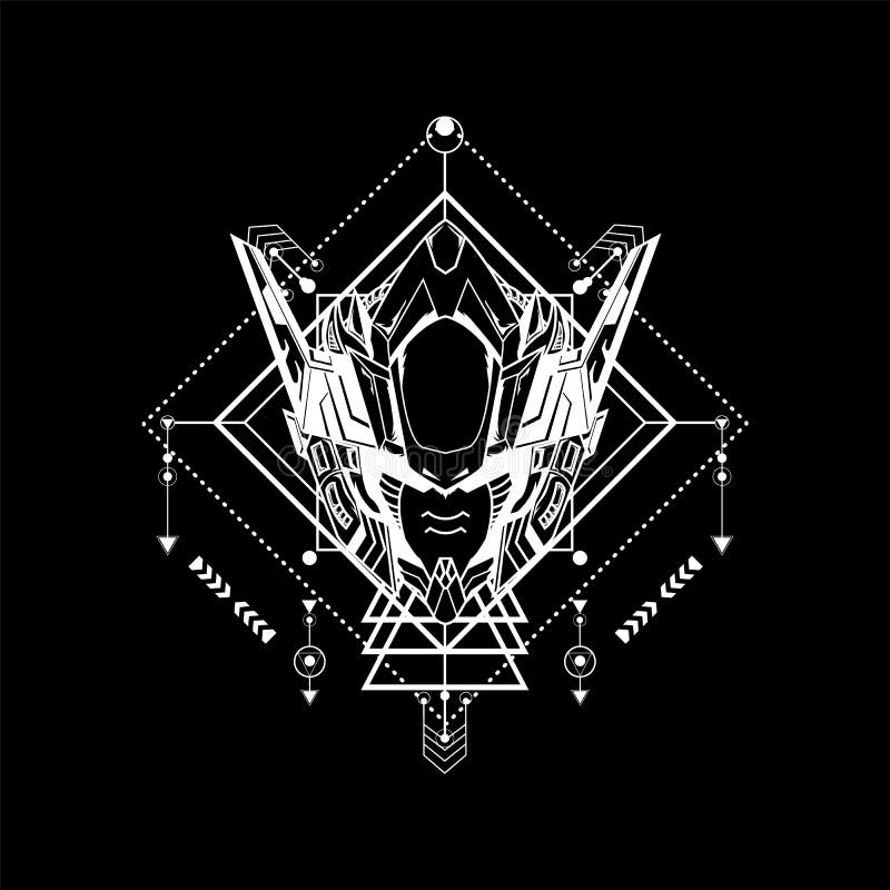 Mecha Head Illustration with Sacred Geometry on Black Background Stock ...